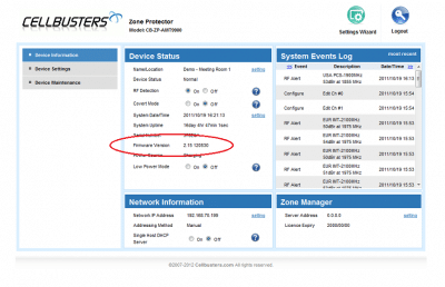 How to view the version of firmware running on the Zone Protector